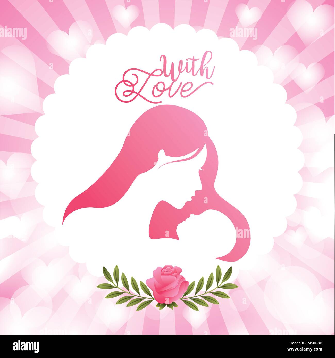 cute label woman and baby with love floral hearts blurred background ...