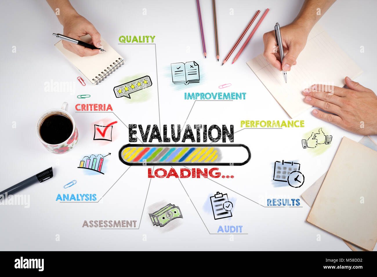 evaluation concept. Chart with keywords and icons. The meeting at the ...