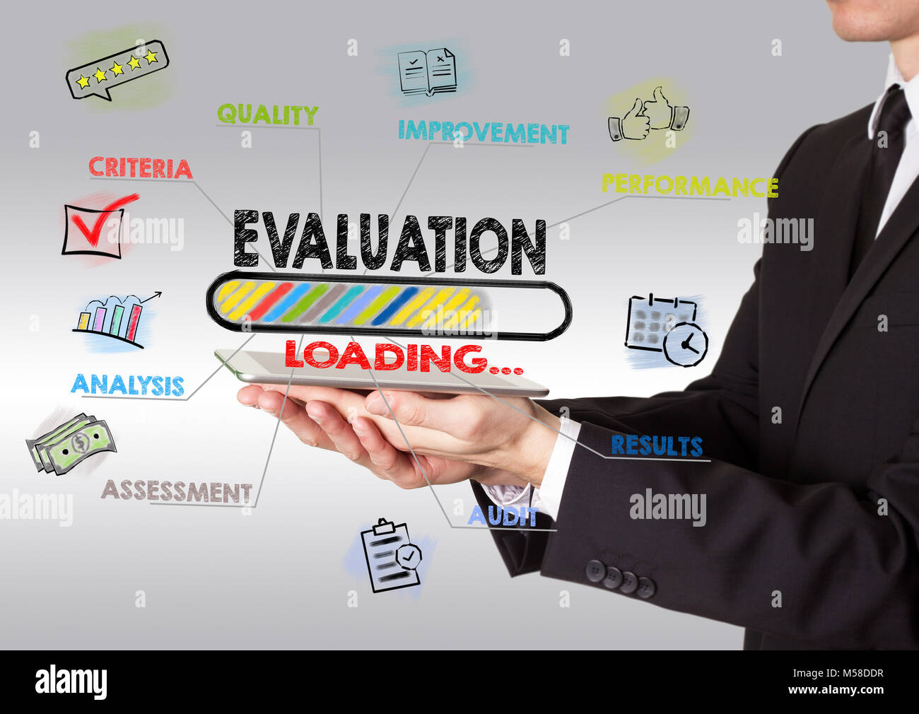 Evaluation concept. Chart with keywords and icons. Man holding a tablet ...
