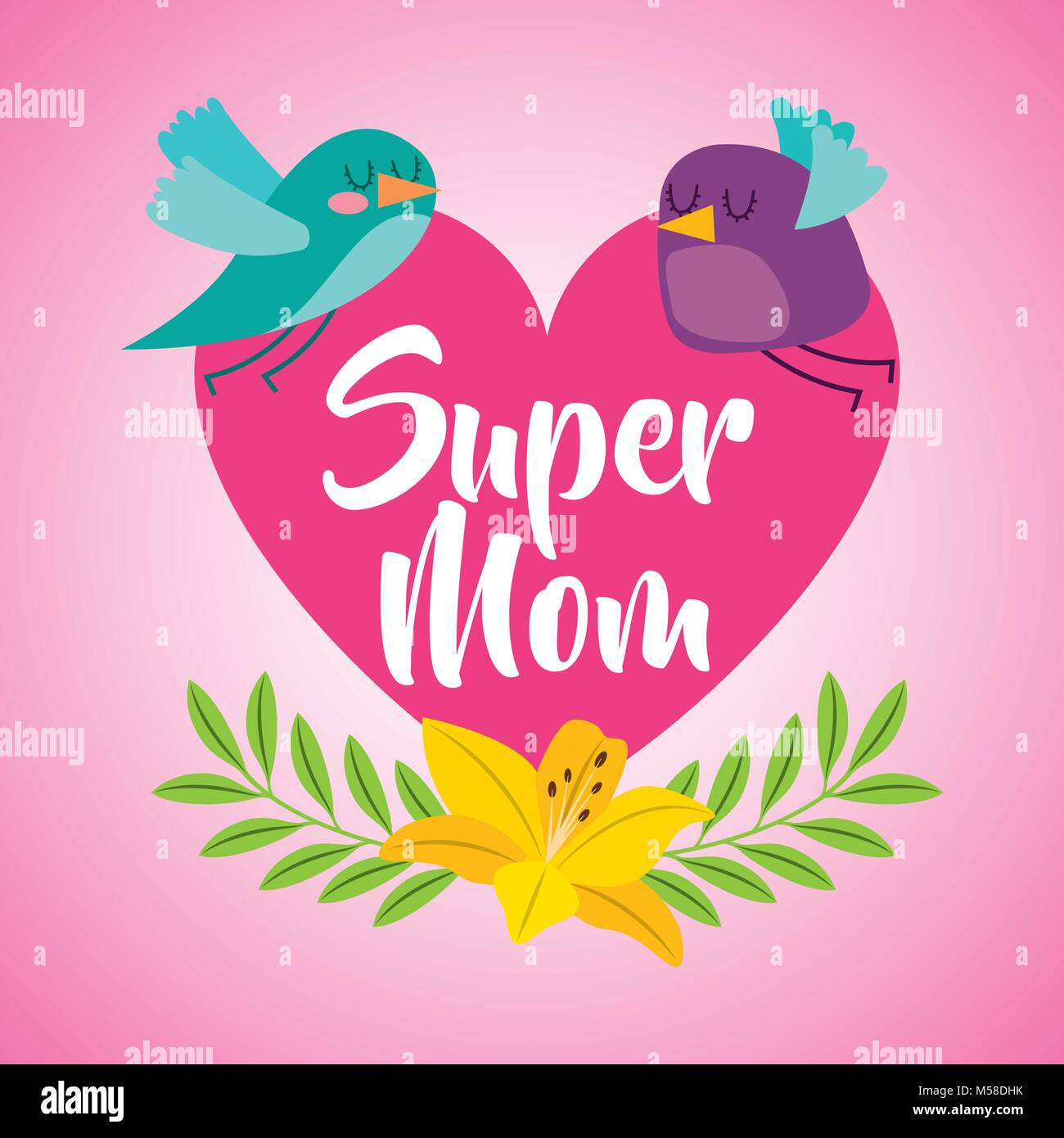 pink heart birds flower super mom card Stock Vector Image & Art - Alamy