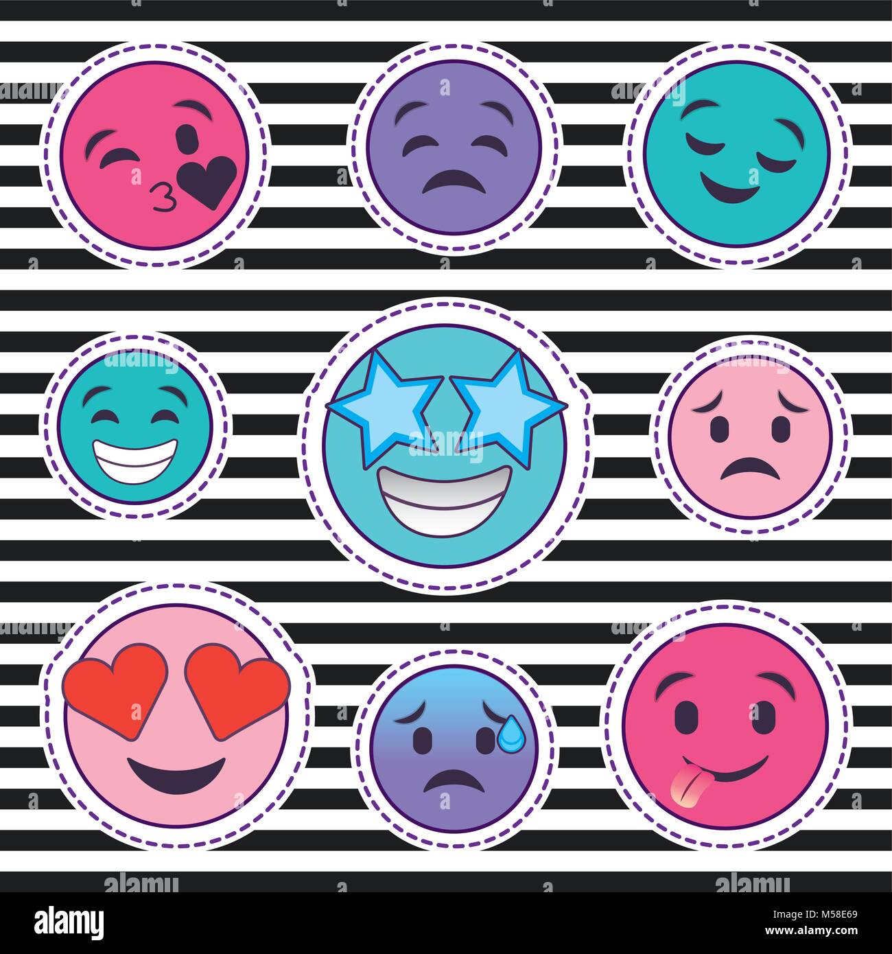 cute set of smile emoticons stickers with striped background Stock ...