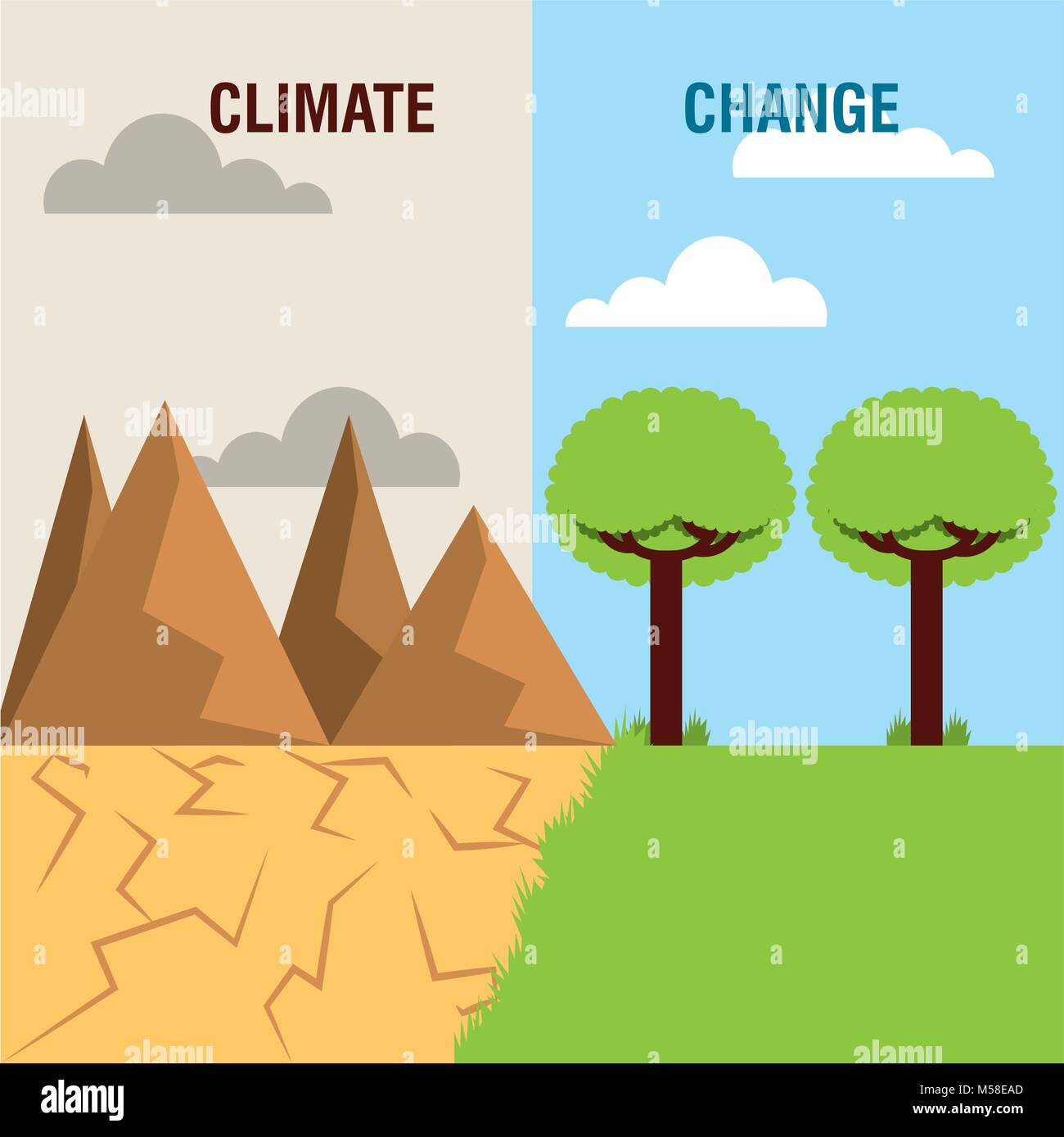 landscape divided green scene and desert mountain climate change Stock ...