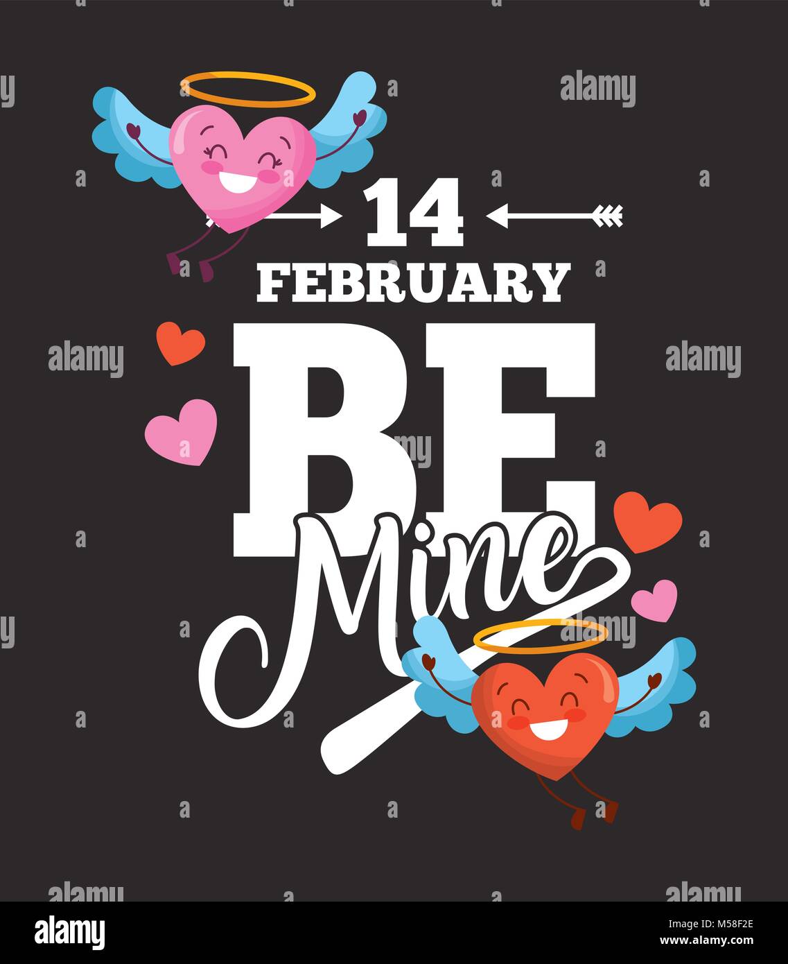 14 february be mine card love hearts with wings cartoon dark background ...