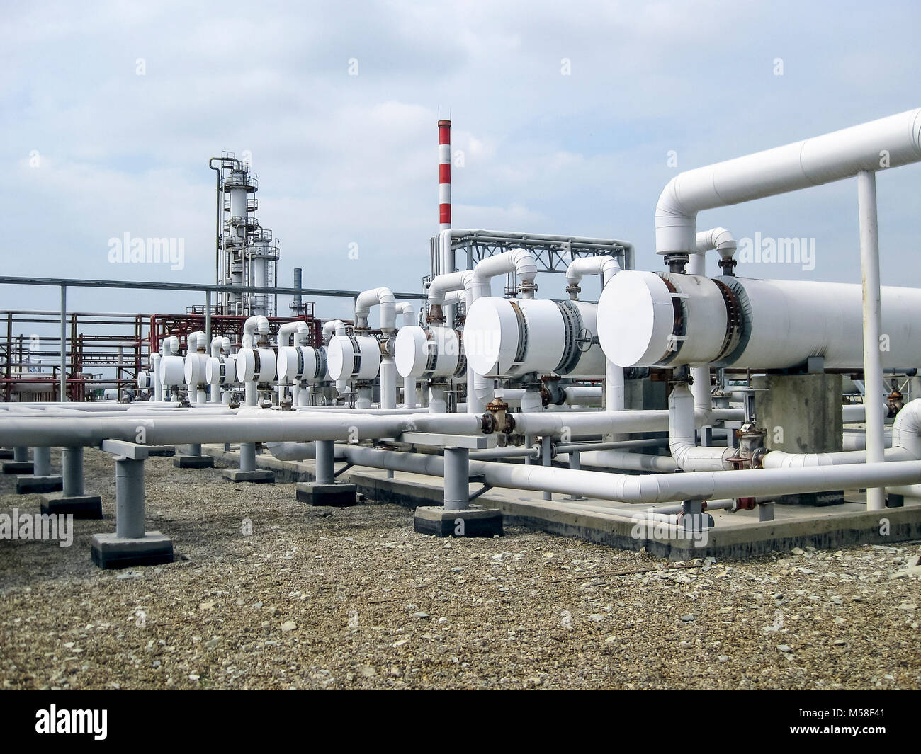 Heat exchangers in a refinery. The equipment for oil refining Stock ...
