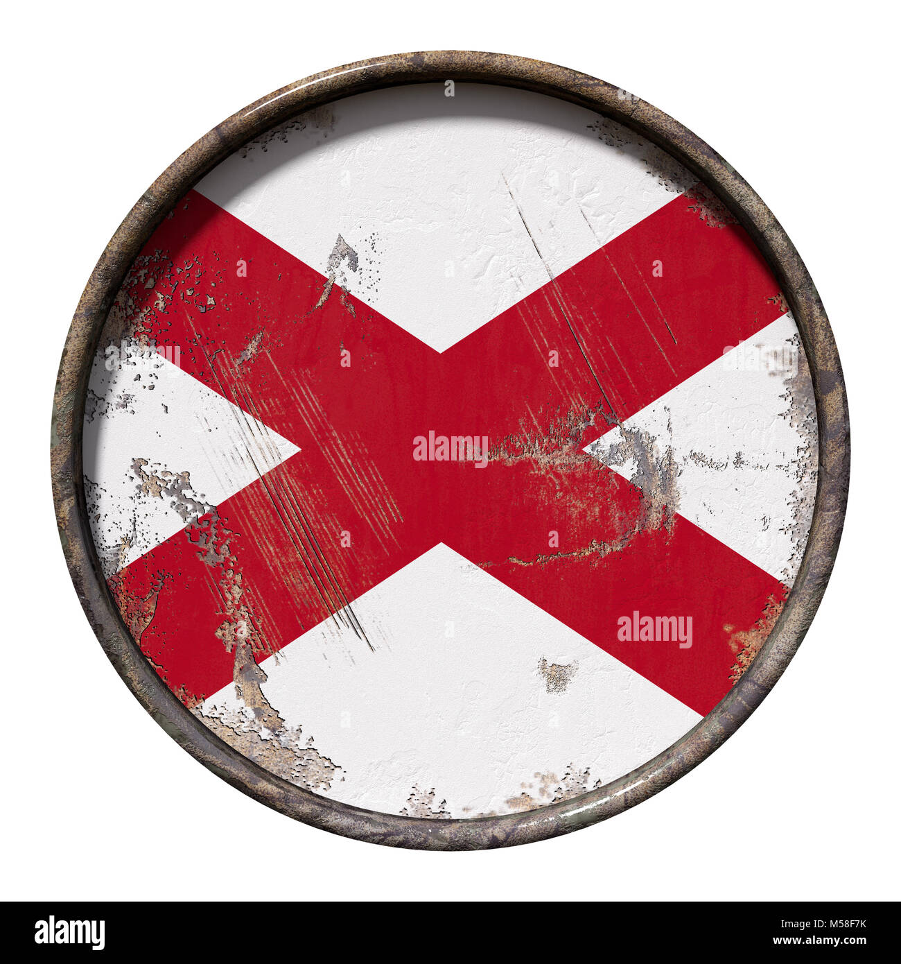 3d rendering of an Alabama State flag over a rusty metallic plate ...
