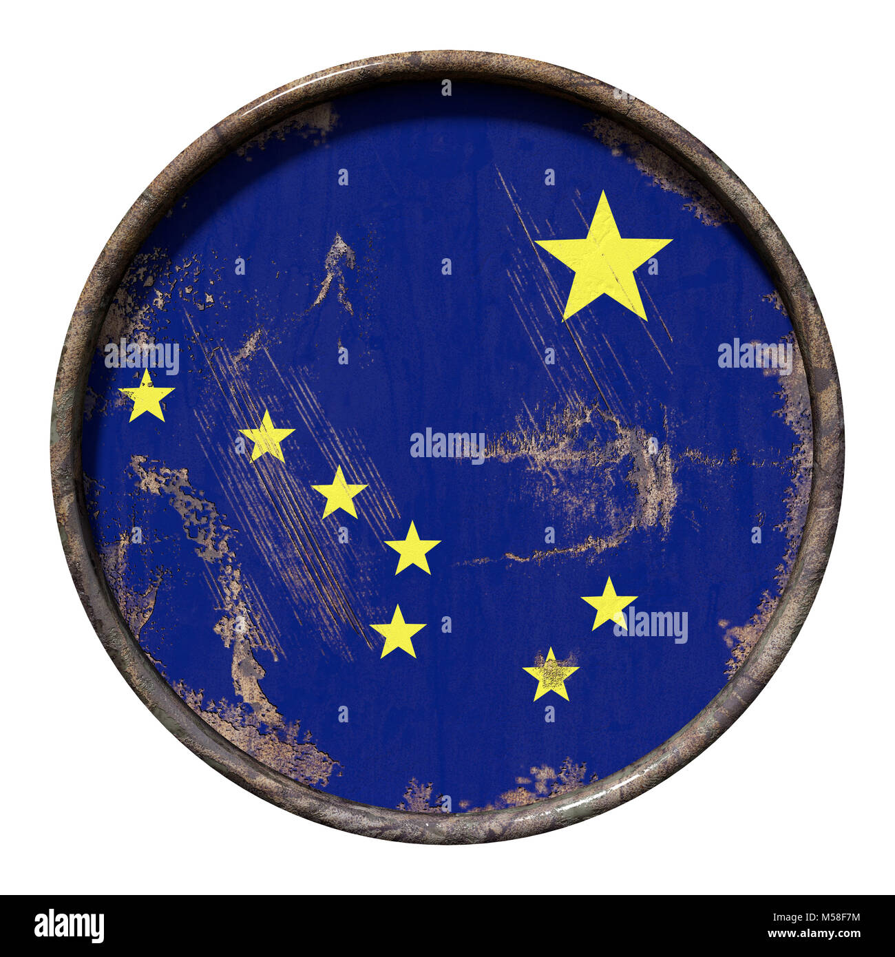 3d rendering of an Alaska State flag over a rusty metallic plate ...