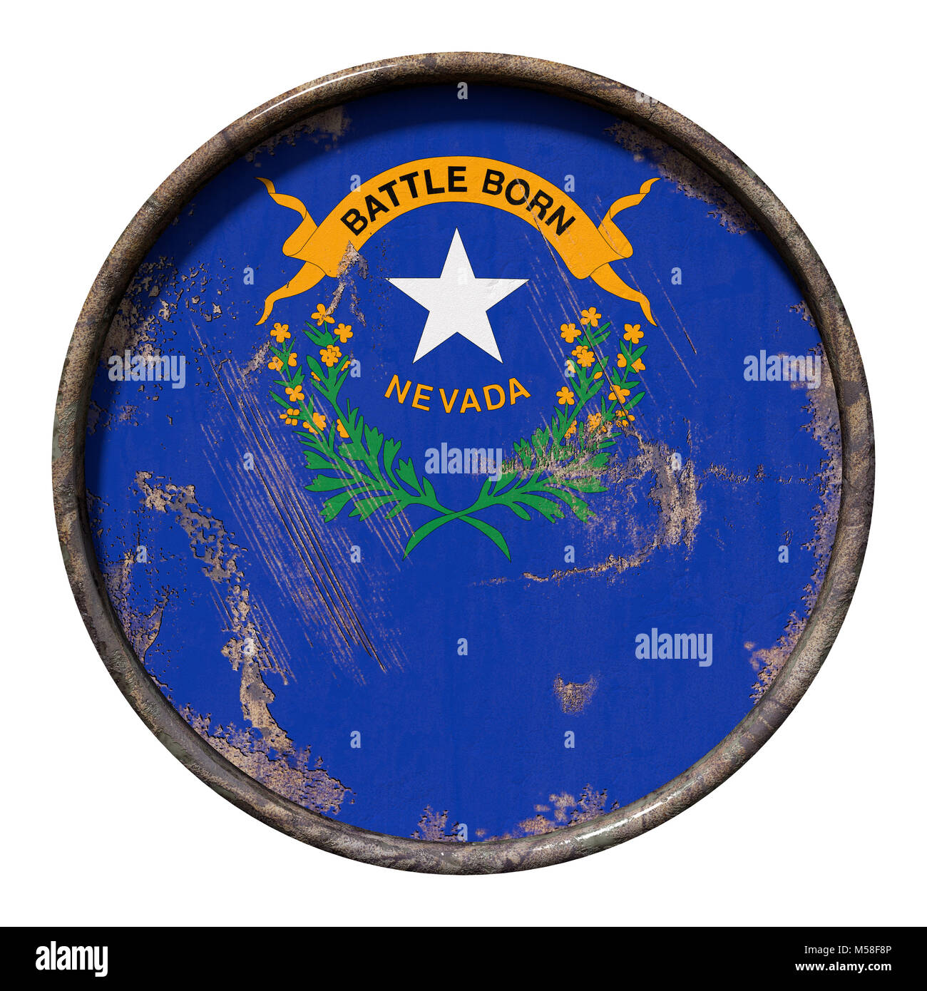 3d rendering of a Nevada State flag over a rusty metallic plate ...