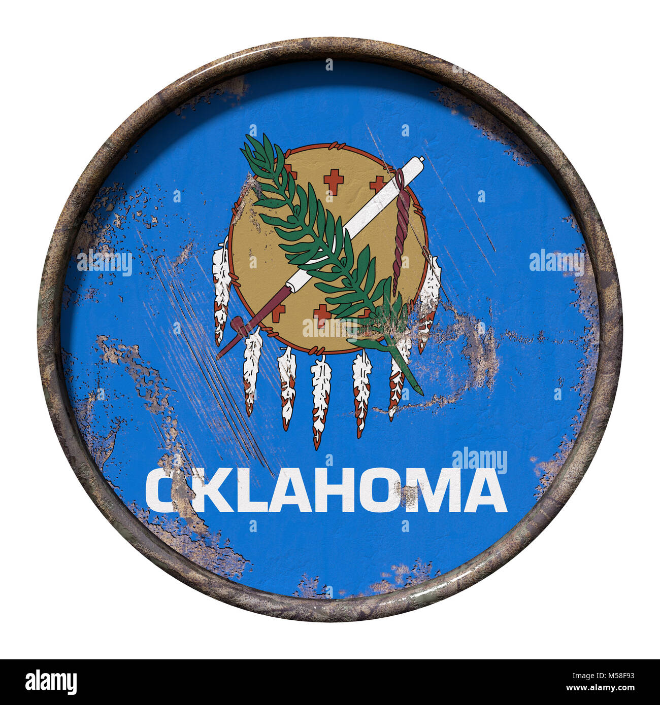 3d rendering of an Oklahoma State flag over a rusty metallic plate ...