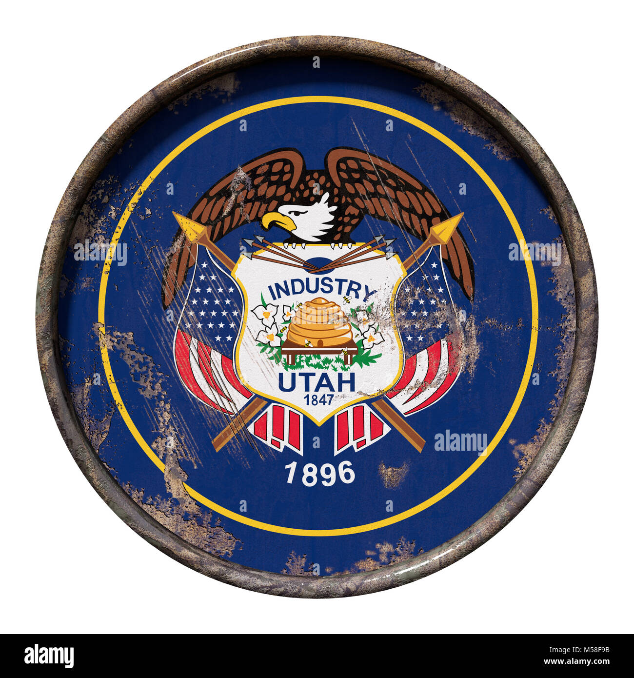 3d rendering of an Utah State flag over a rusty metallic plate ...