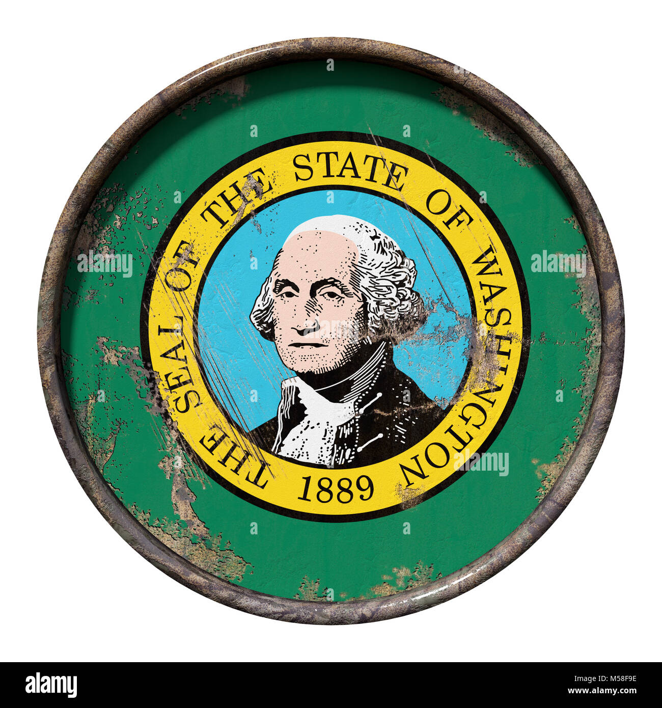 3d rendering of a Washington State flag over a rusty metallic plate ...