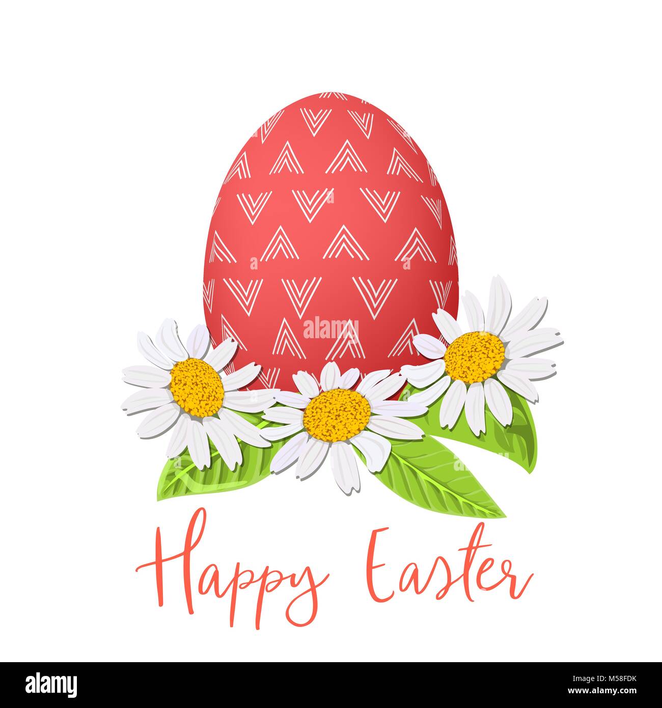 Easter red egg and daisy wreath. Decorated festive egg with simple ...
