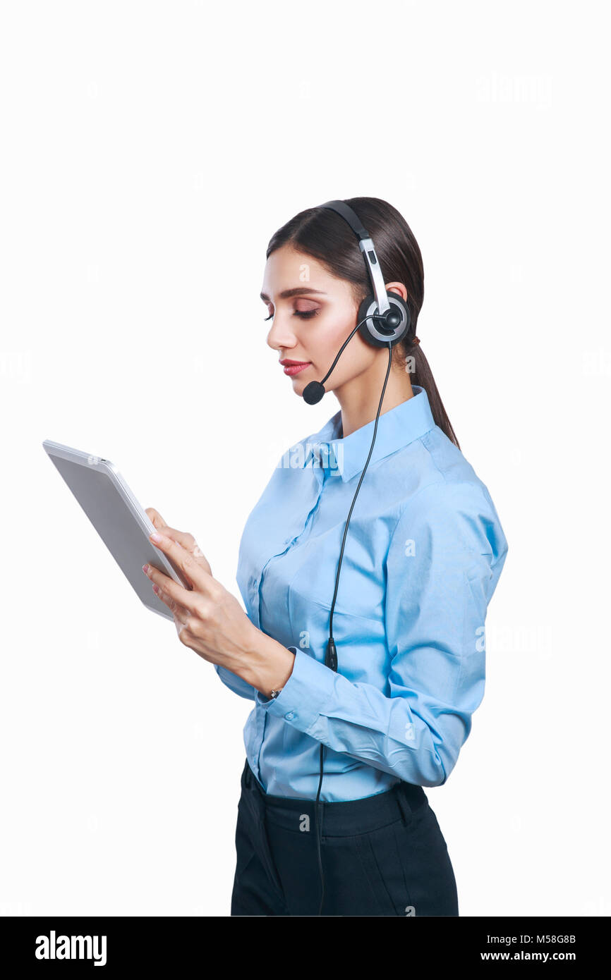 Support phone operator in headset with tablet, isolated on white ...