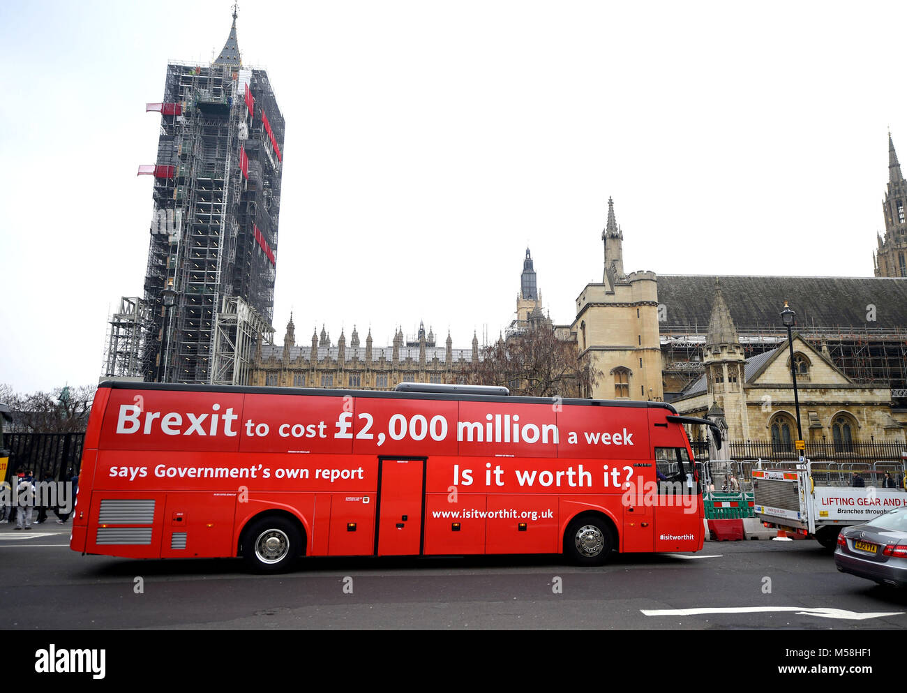 The Brexit 'Facts Bus' in Parliament Square, London, before it starts a ...