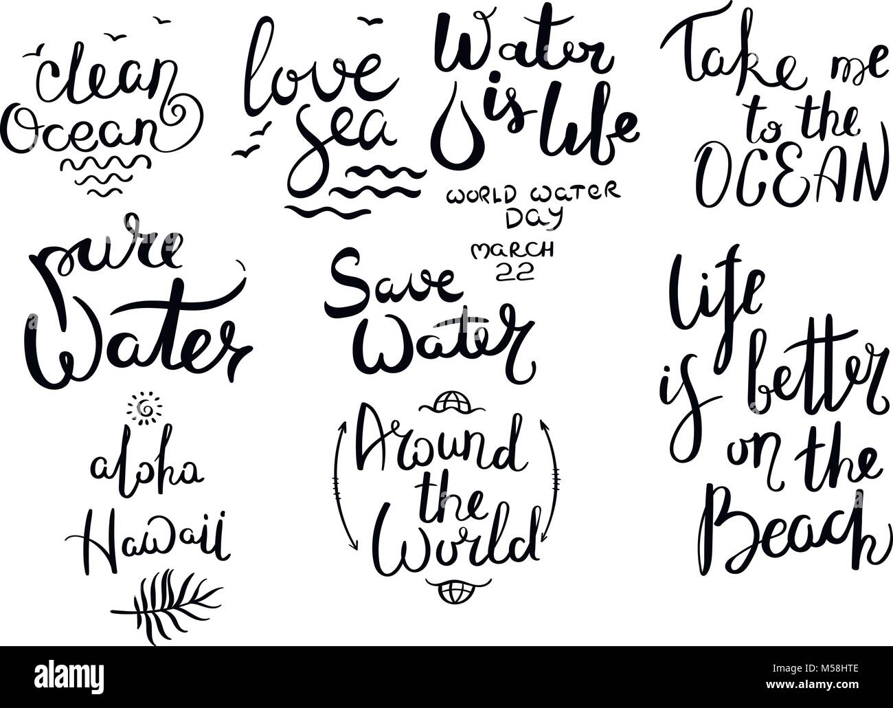 Water and ocean collection. Set of hand drawn vector lettering phrases ...