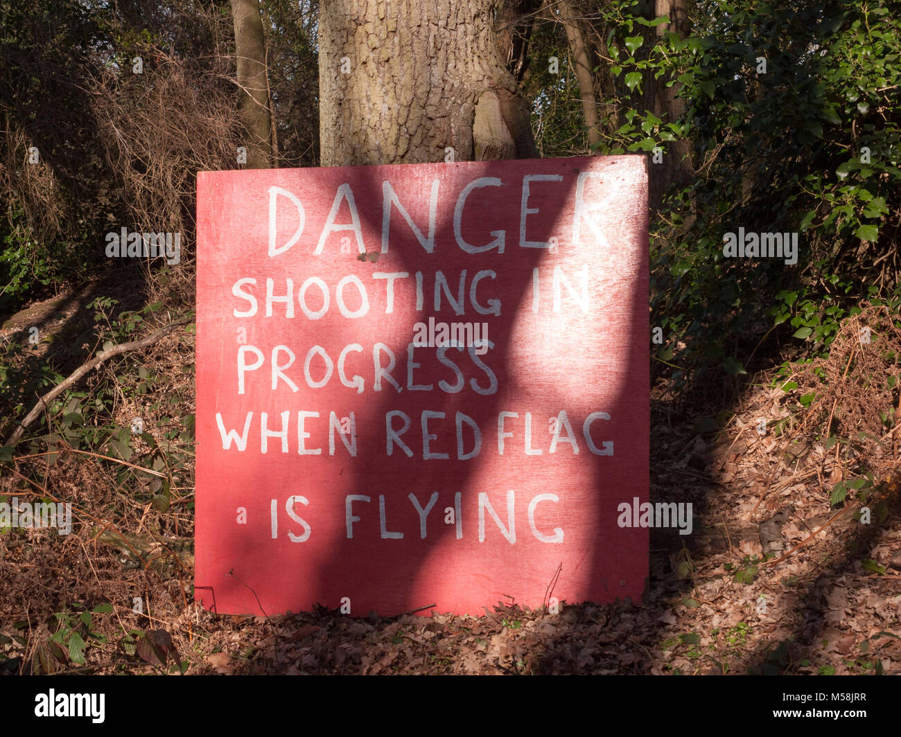 red sign tree trunk danger shooting is in progress when red flag is ...