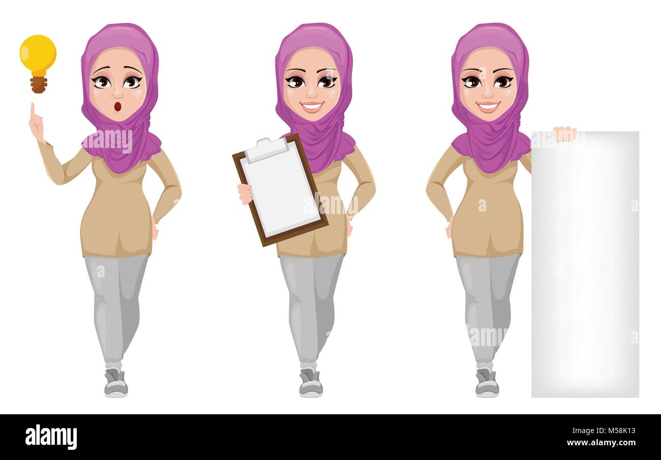 Arabic business woman, smiling cartoon character, set. Young beautiful ...