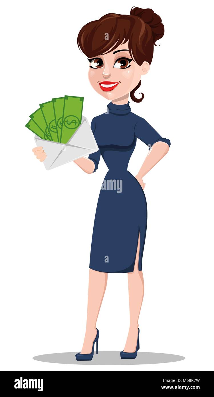 Young cartoon businesswoman. Beautiful lady holding white envelope full ...