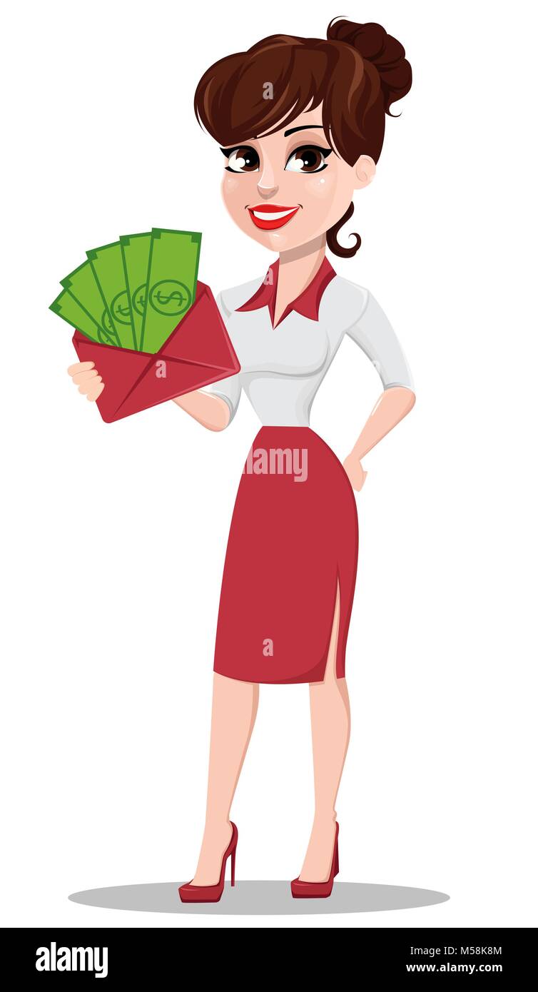 Young cartoon businesswoman in red and white clothes. Beautiful lady ...