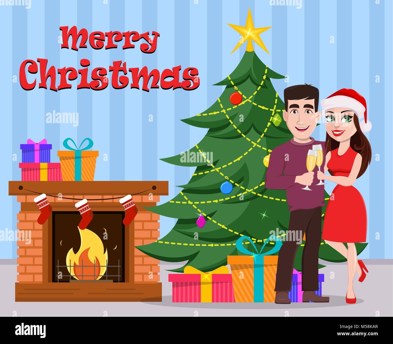 Merry Christmas greeting card with cute young couple. Smiling man and ...