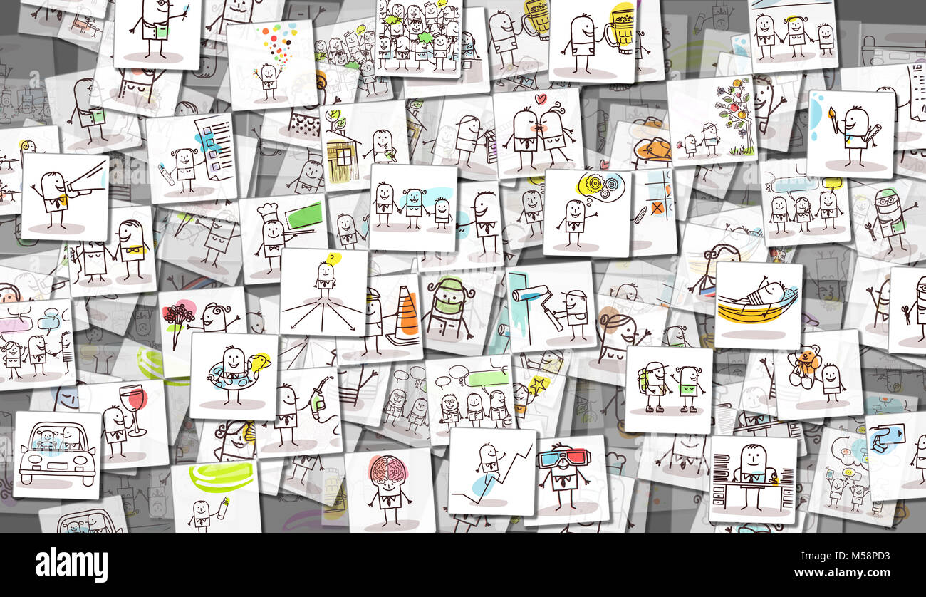 Scattered Images of Cartoon People and Everyday Life Stock Photo - Alamy