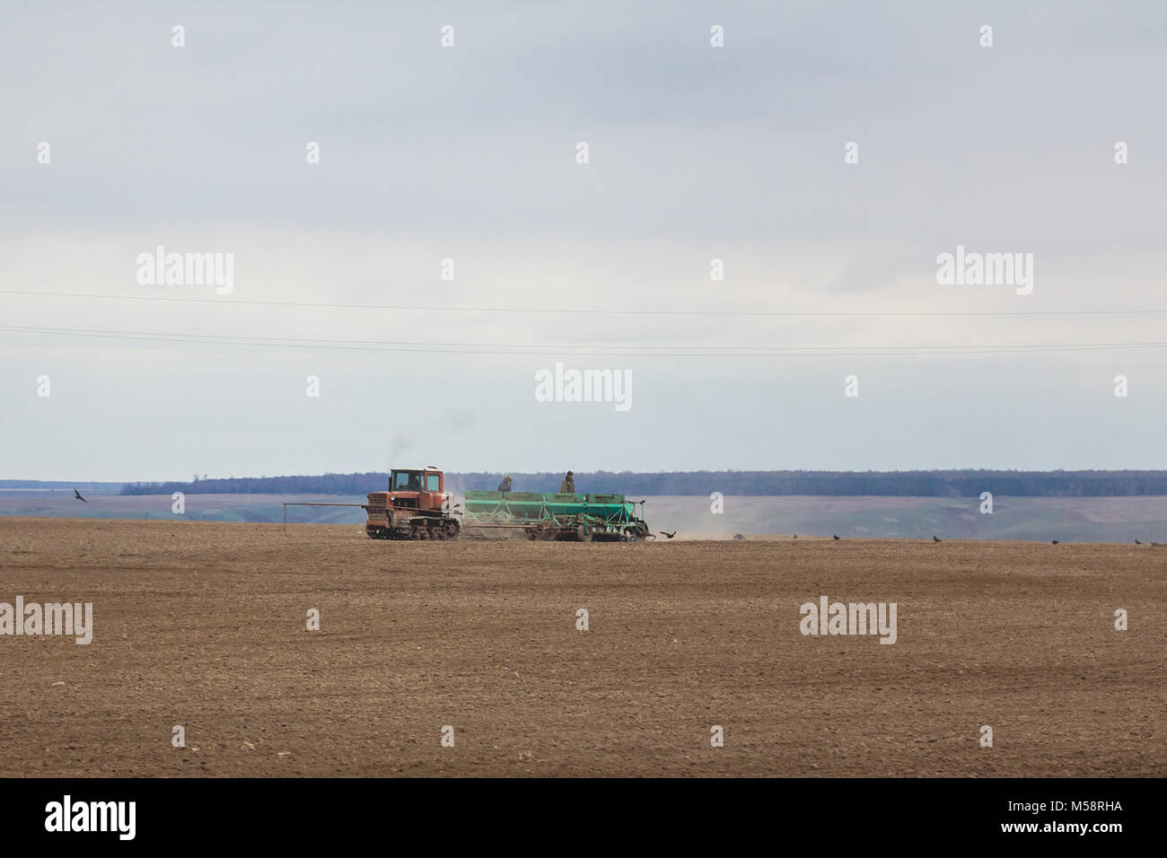 Old-fashioned tractor sowing crops at field Stock Photo - Alamy