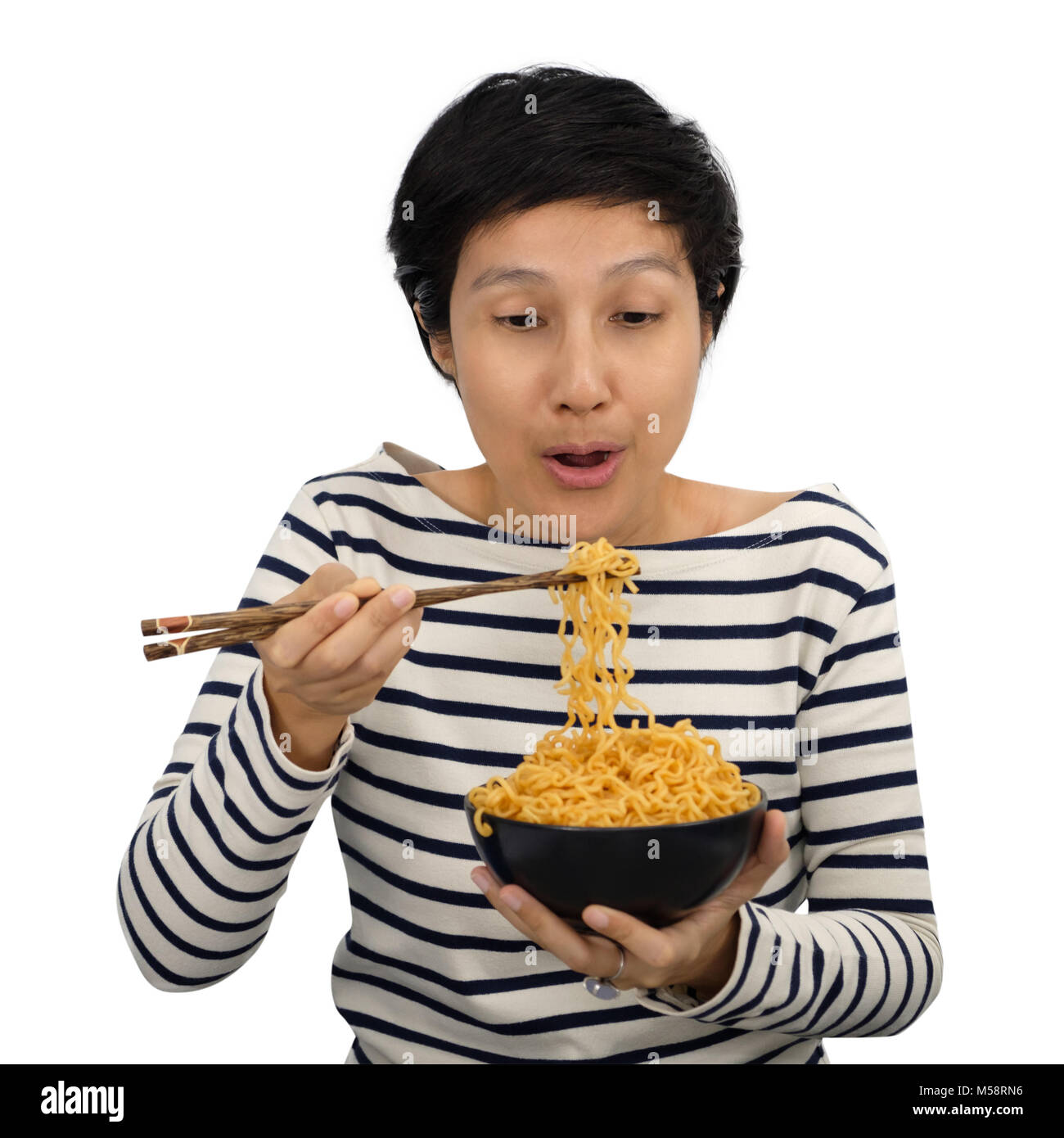 Asian woman Feel happy to eat instant noodles isolated on white ...