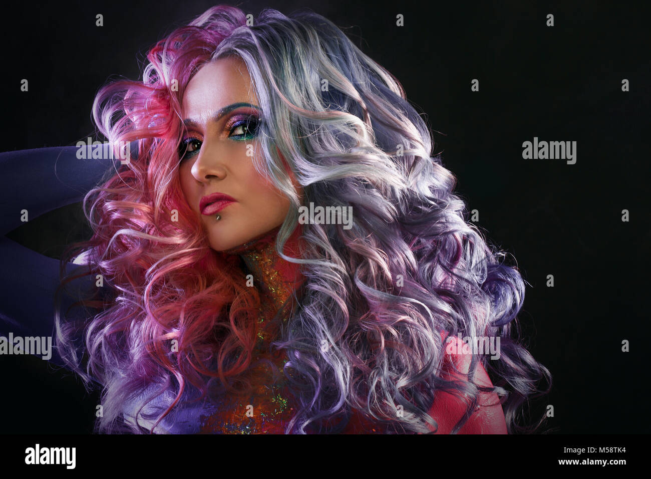 Beautiful woman with bright hair. Bright hair color, hairstyle with ...