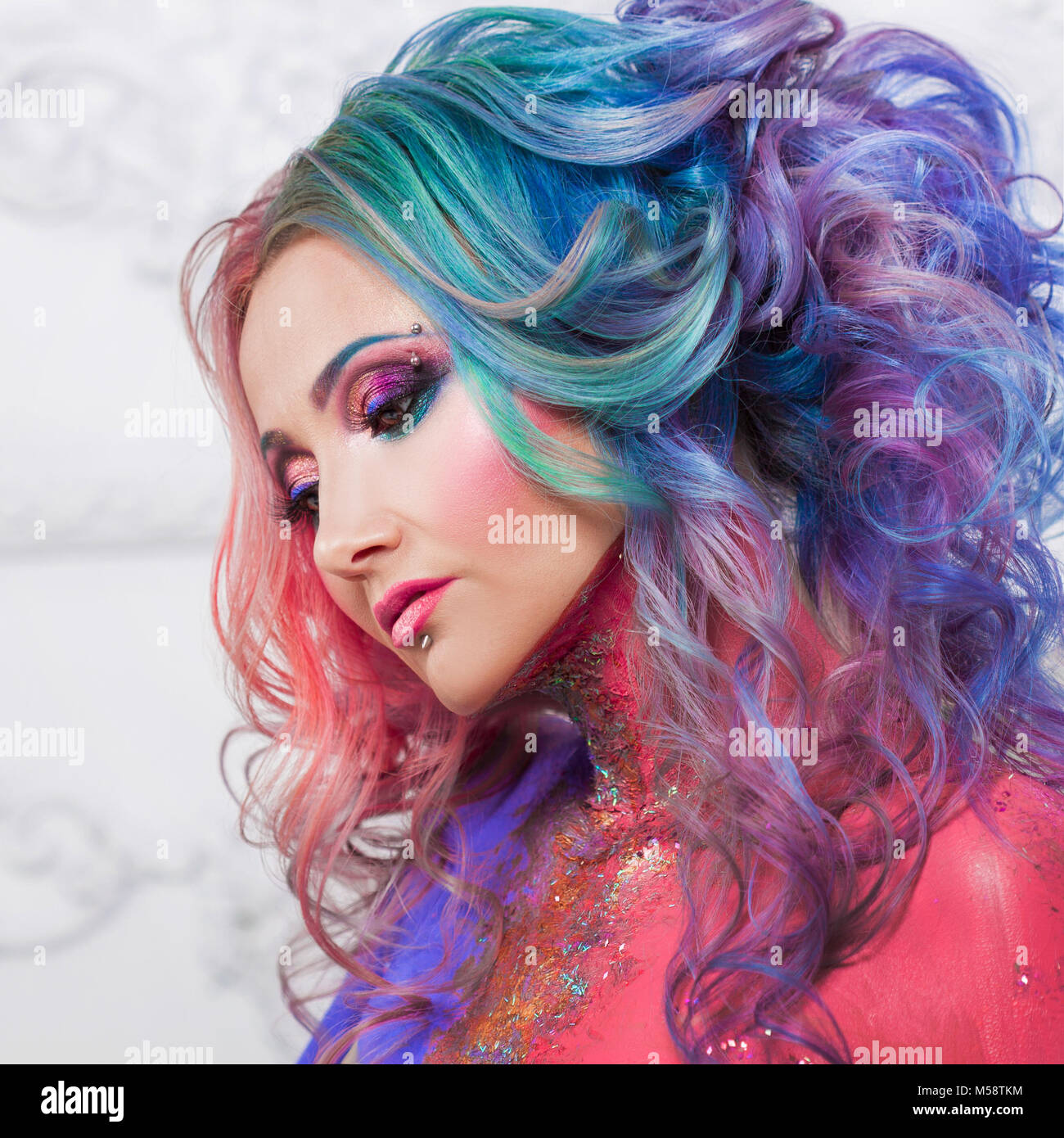 Beautiful woman with bright hair. Bright hair color, hairstyle with ...