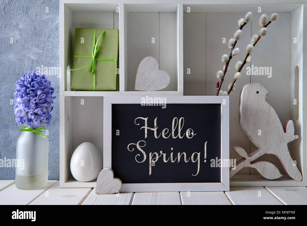 Springtime background with spring decorations. Display cabinet with ...