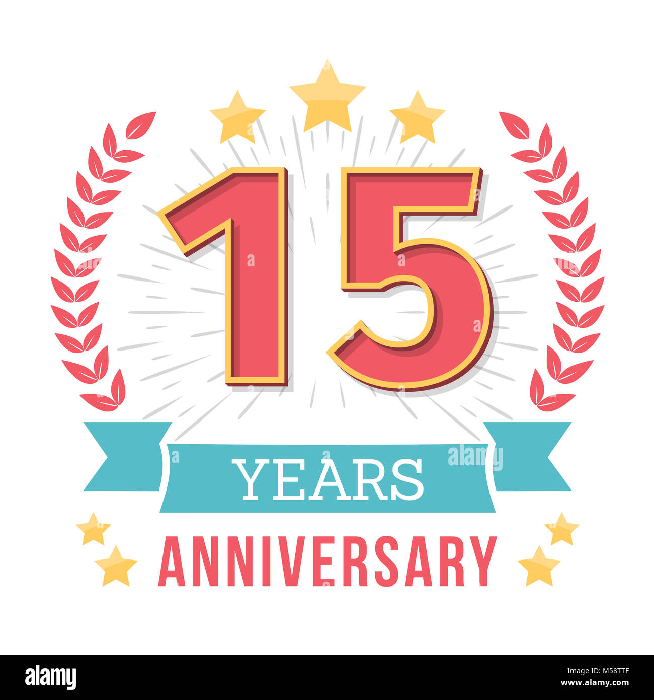 15 Years anniversary emblem with ribbon, laurel wreath and stars ...