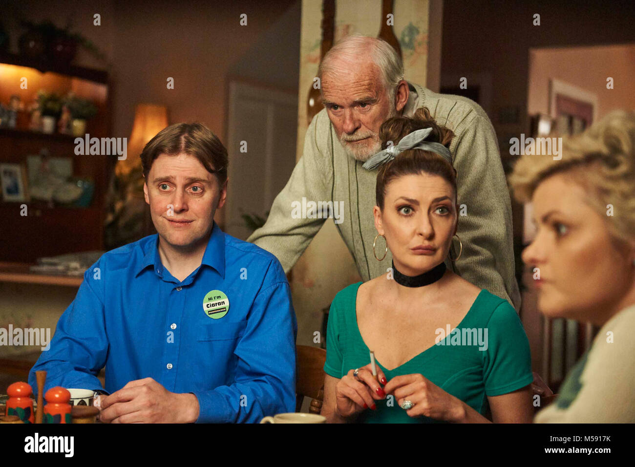 DERRY GIRLS, from left: Jamie Beamish, Ian McElhinney, Kathy Clarke ...