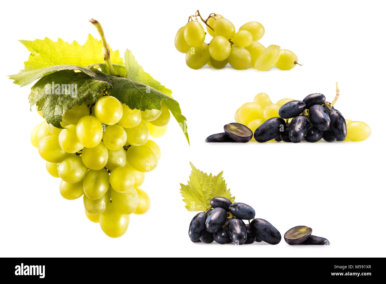 close up view of collage with various ripe grapes isolated on white ...