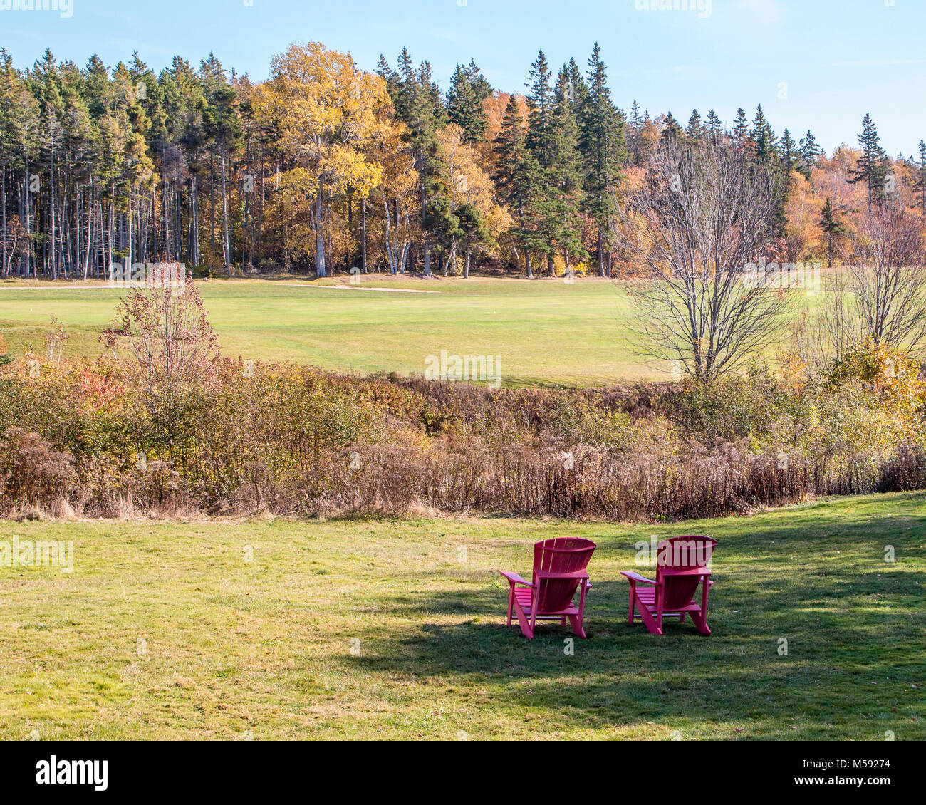 Two Red Chairs with a View Stock Photo - Alamy