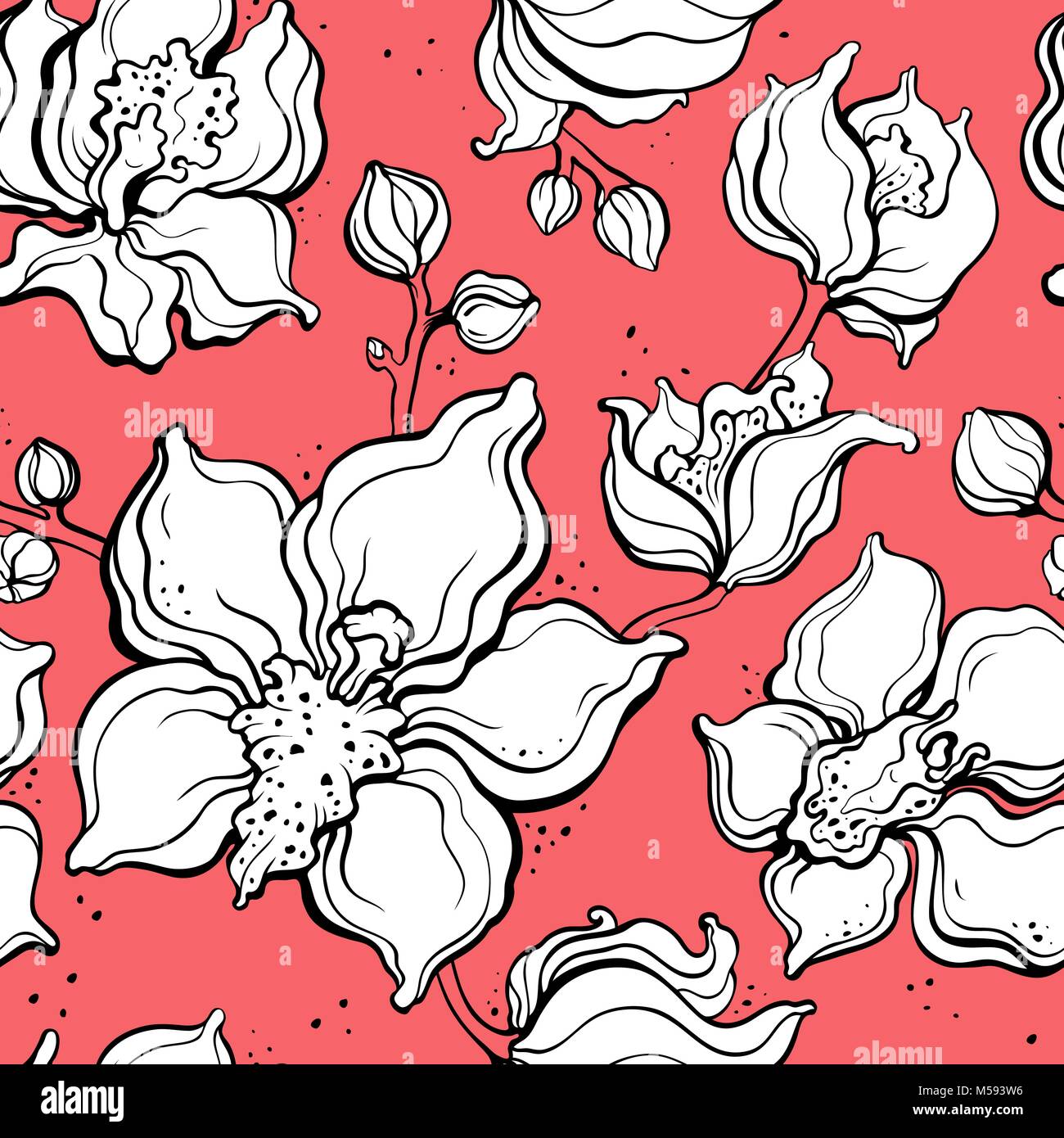 Floral Pattern With Orchids Hand Drawn Illustration Seamless