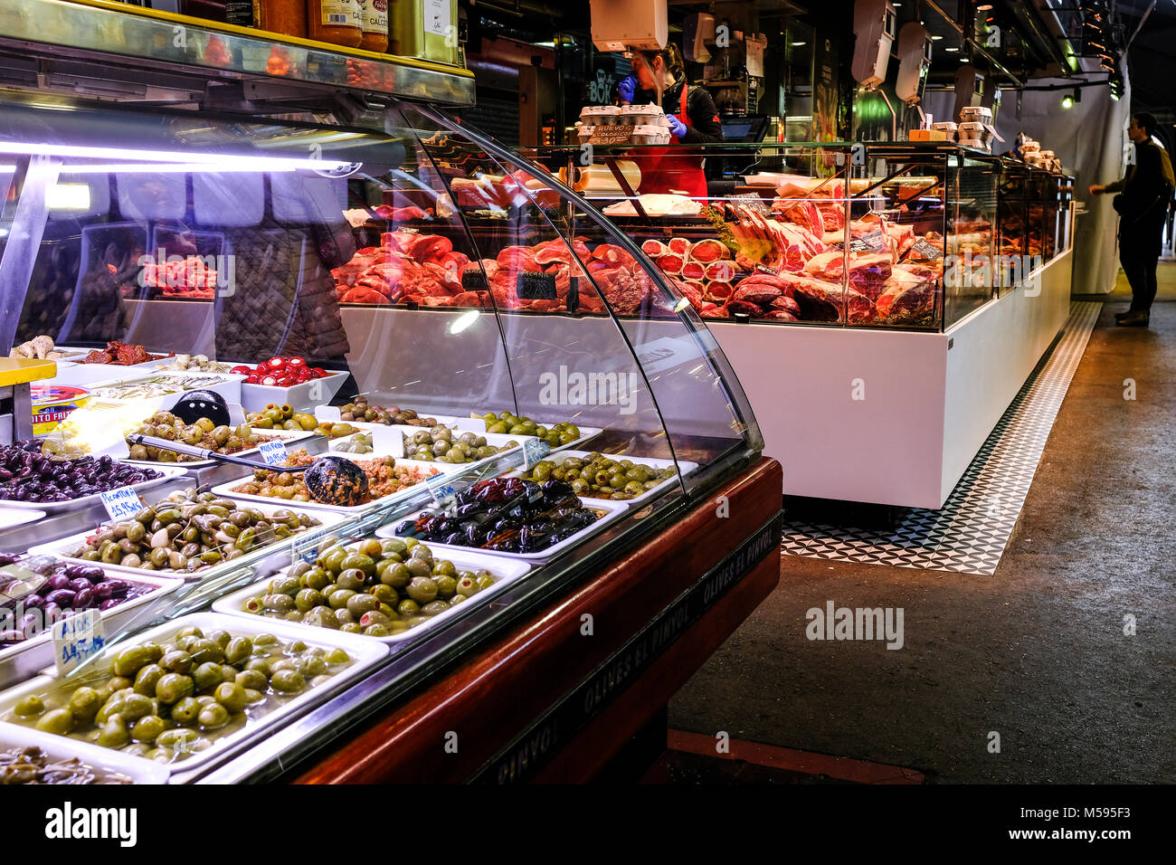 Public market environment with fruit, vegetables, finger food, beef and ...