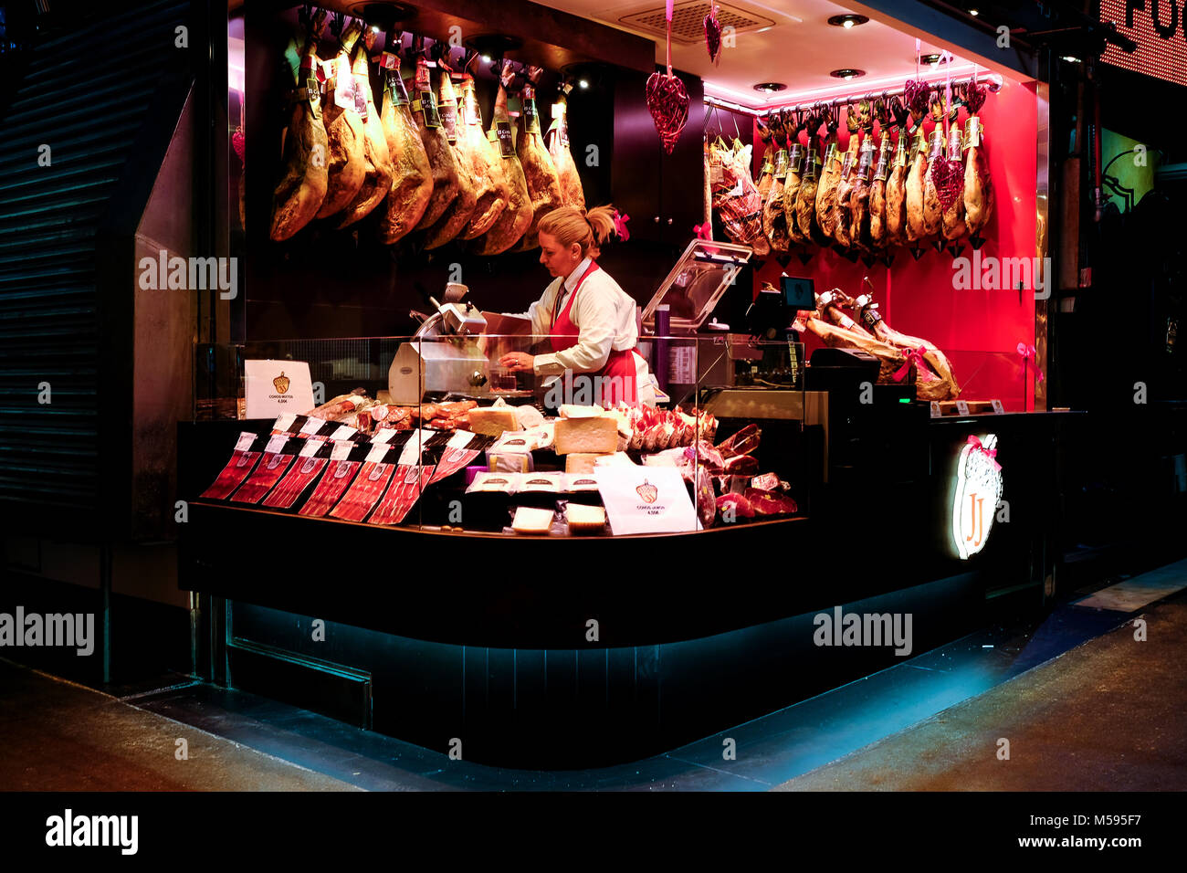 Public market environment with fruit, vegetables, finger food, beef and ...