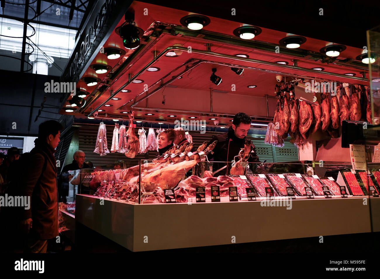 Public market environment with fruit, vegetables, finger food, beef and ...