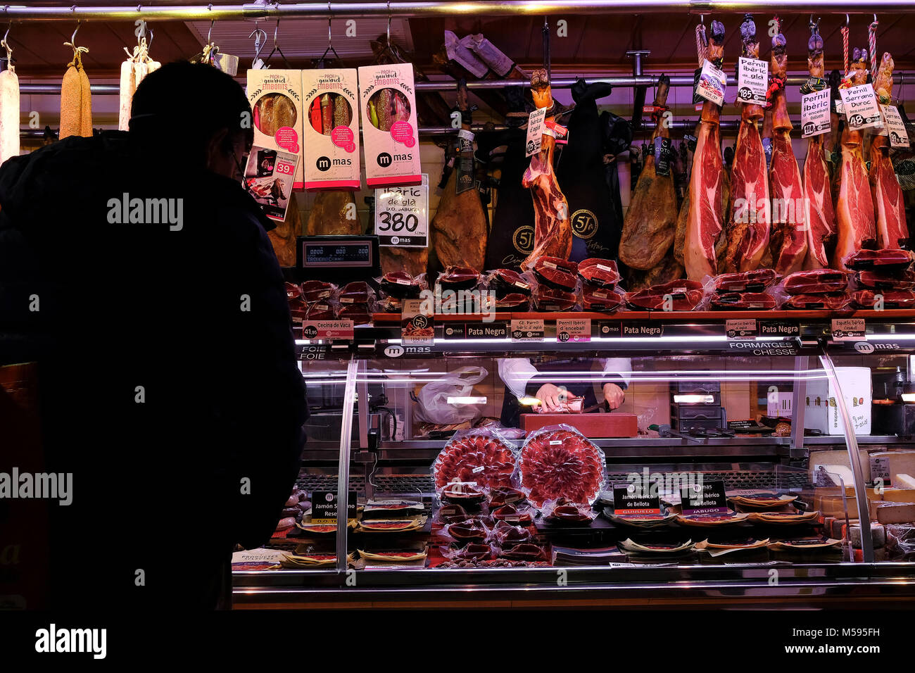 Public market environment with fruit, vegetables, finger food, beef and ...