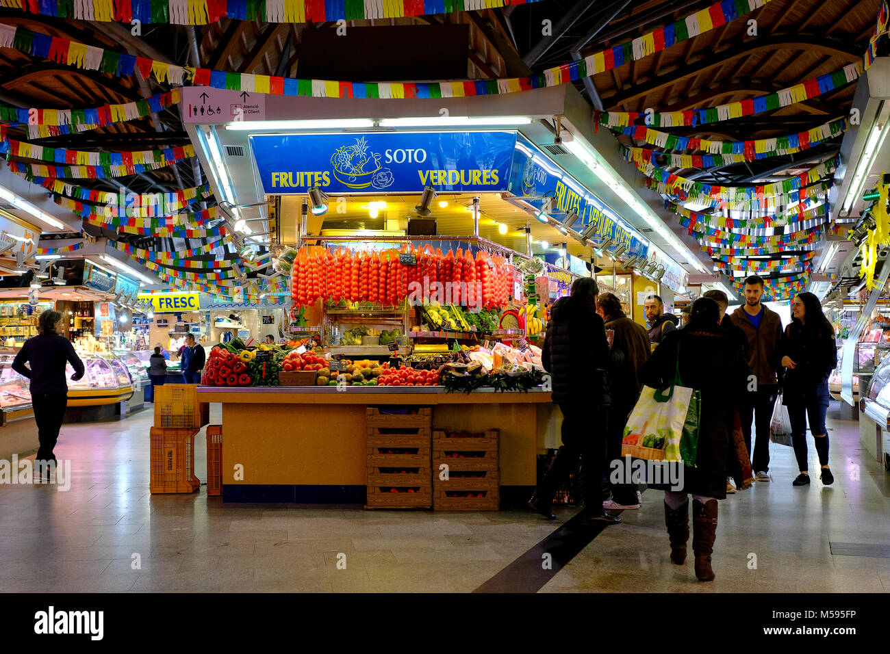 Public market environment with fruit, vegetables, finger food, beef and ...