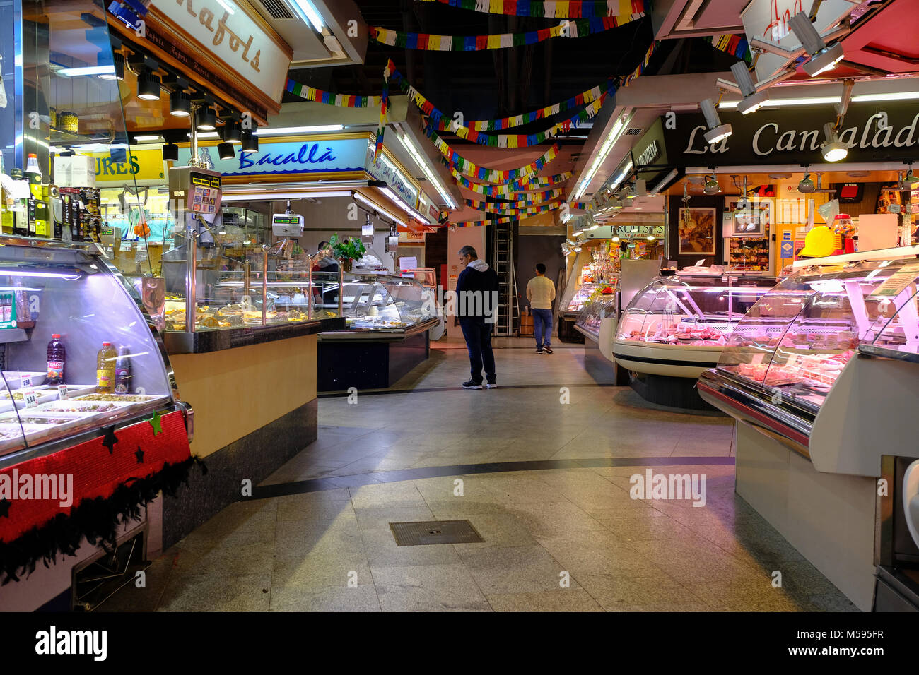 Public market environment with fruit, vegetables, finger food, beef and ...