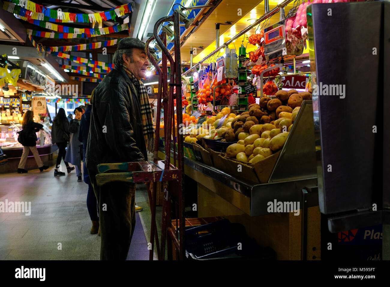 Public market environment with fruit, vegetables, finger food, beef and ...