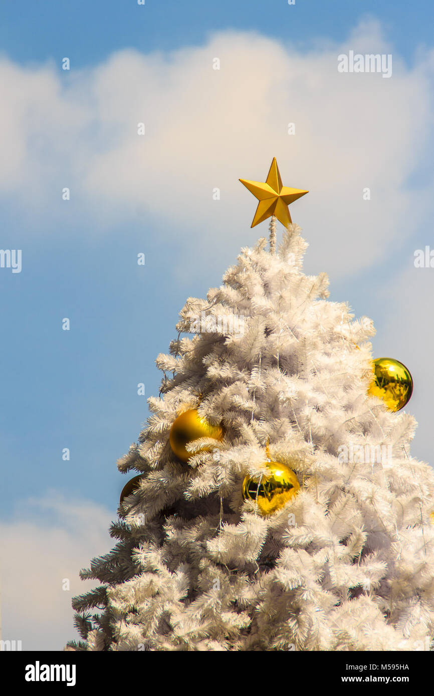 Beautiful Golden star on top of the outdoor white chrismas tree with ...