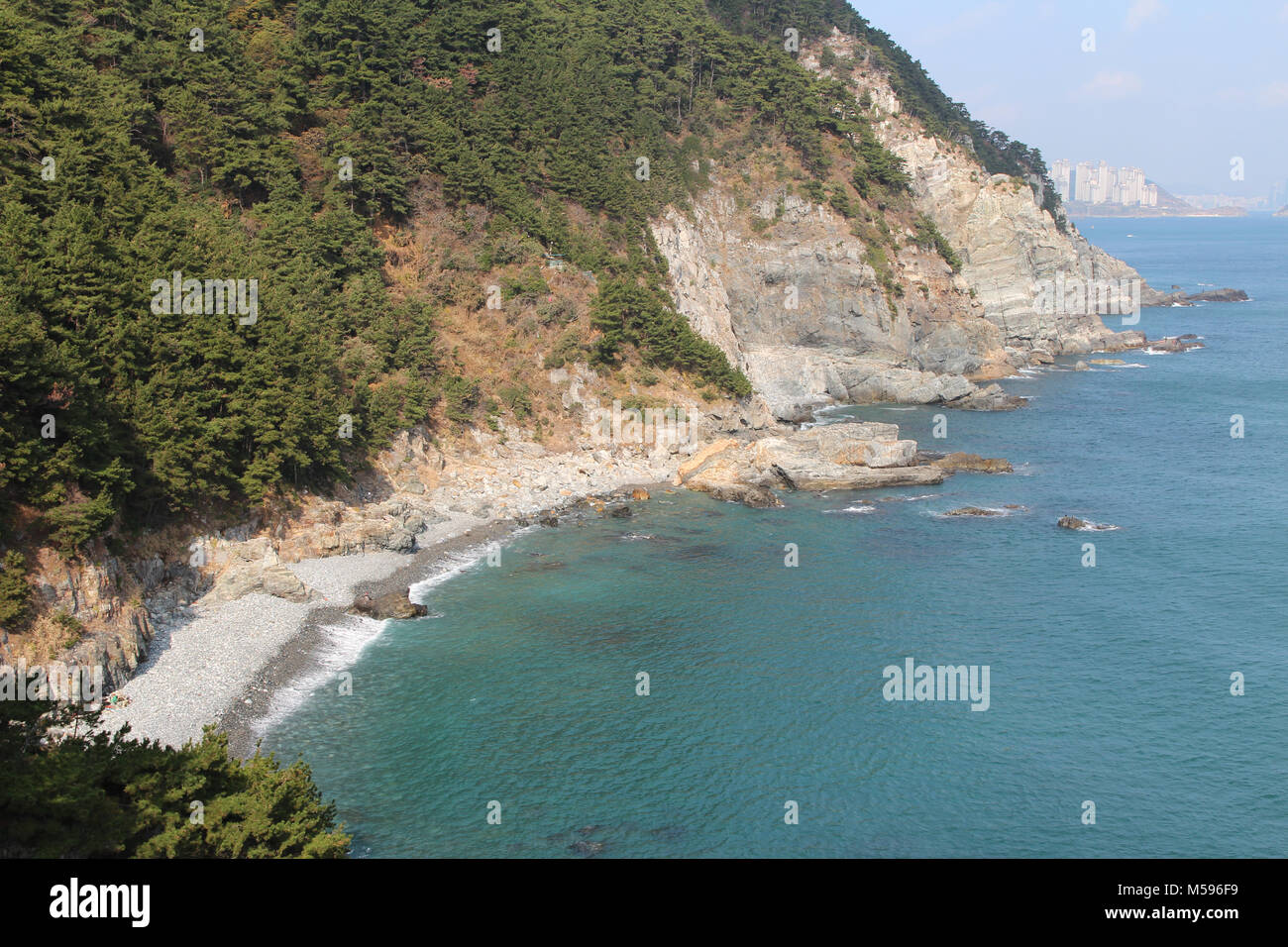 Rocky coastline and magnificent cliffs at Taejongdae recreational park ...
