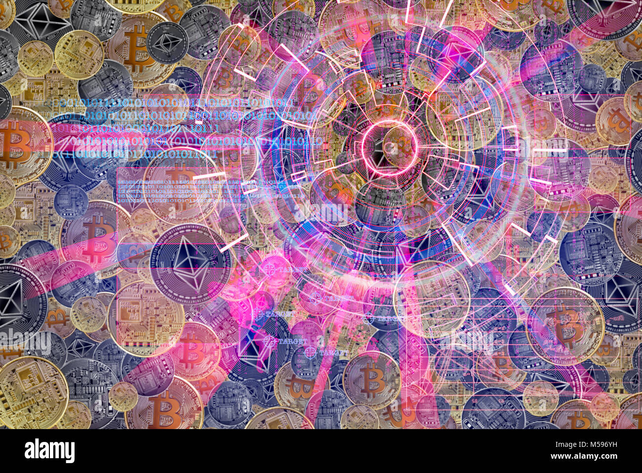 laser light cyber hud with bitcoin and ethereum background as concept ...