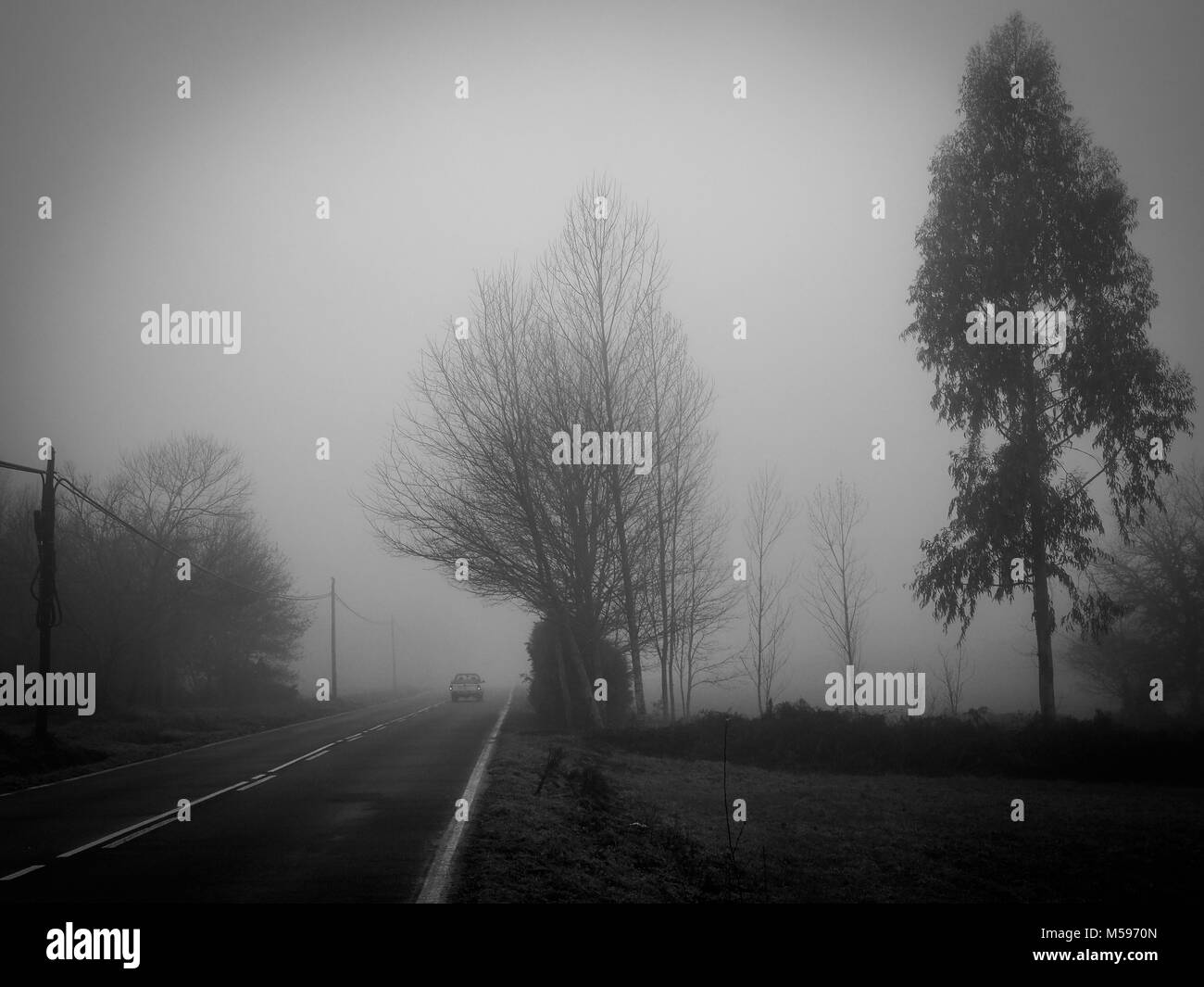 Car driving on a road wrapped in dense fog, with poor visibility Stock ... Car driving on a road wrapped in dense fog, with poor visibility Stock ...