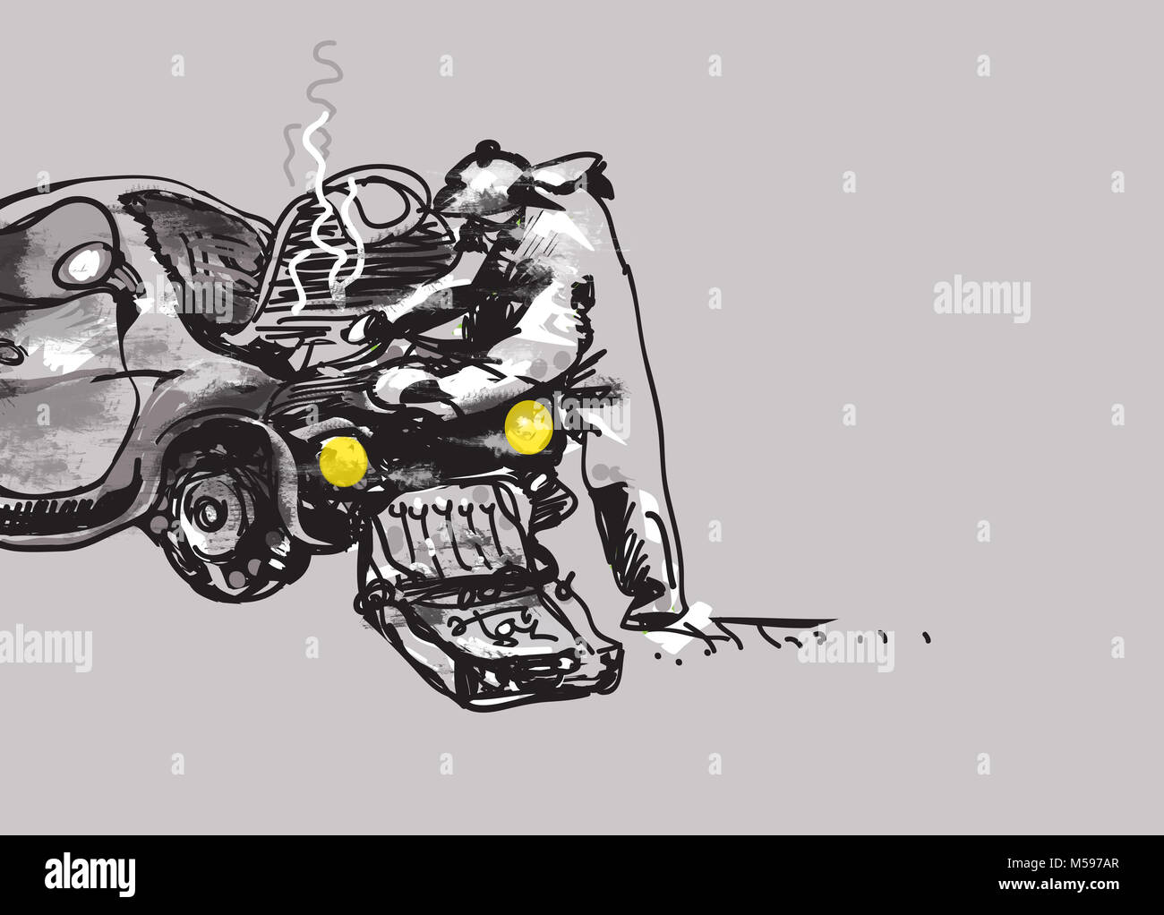 A mechanic repairing a broken car while a female driver waiting, sketch ...