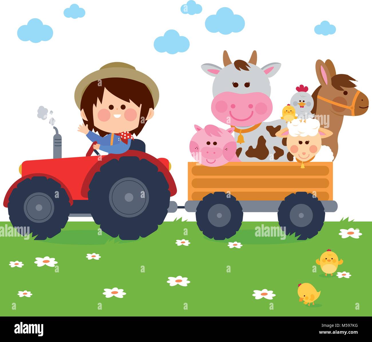 Farmer boy driving a tractor and carrying farm animals. Tractor ride in ...