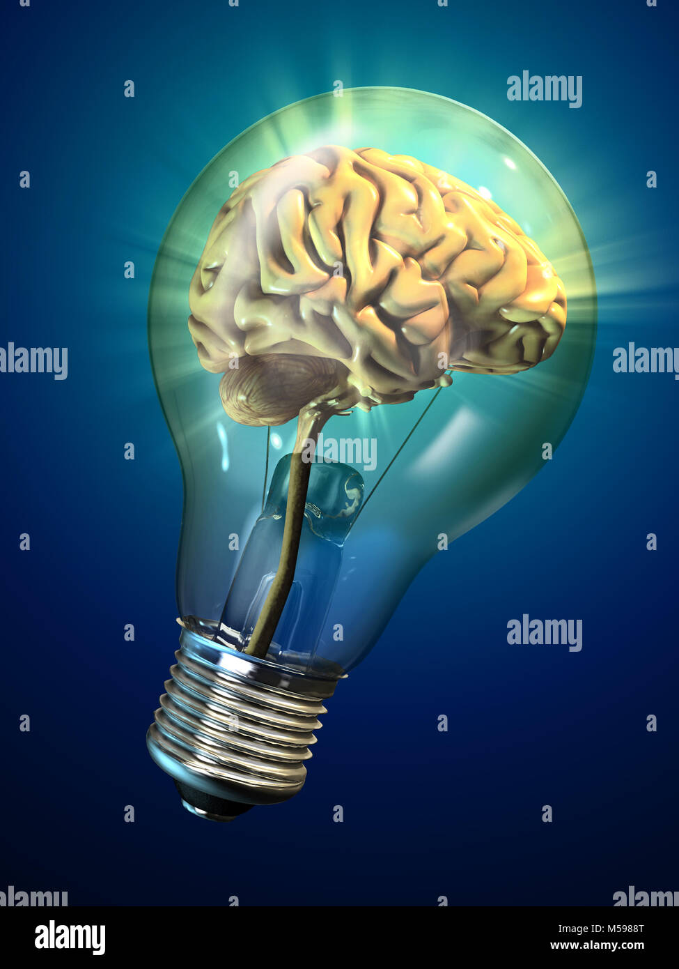 Human brain inside a glowing electrical bulb. Digital illustration ...