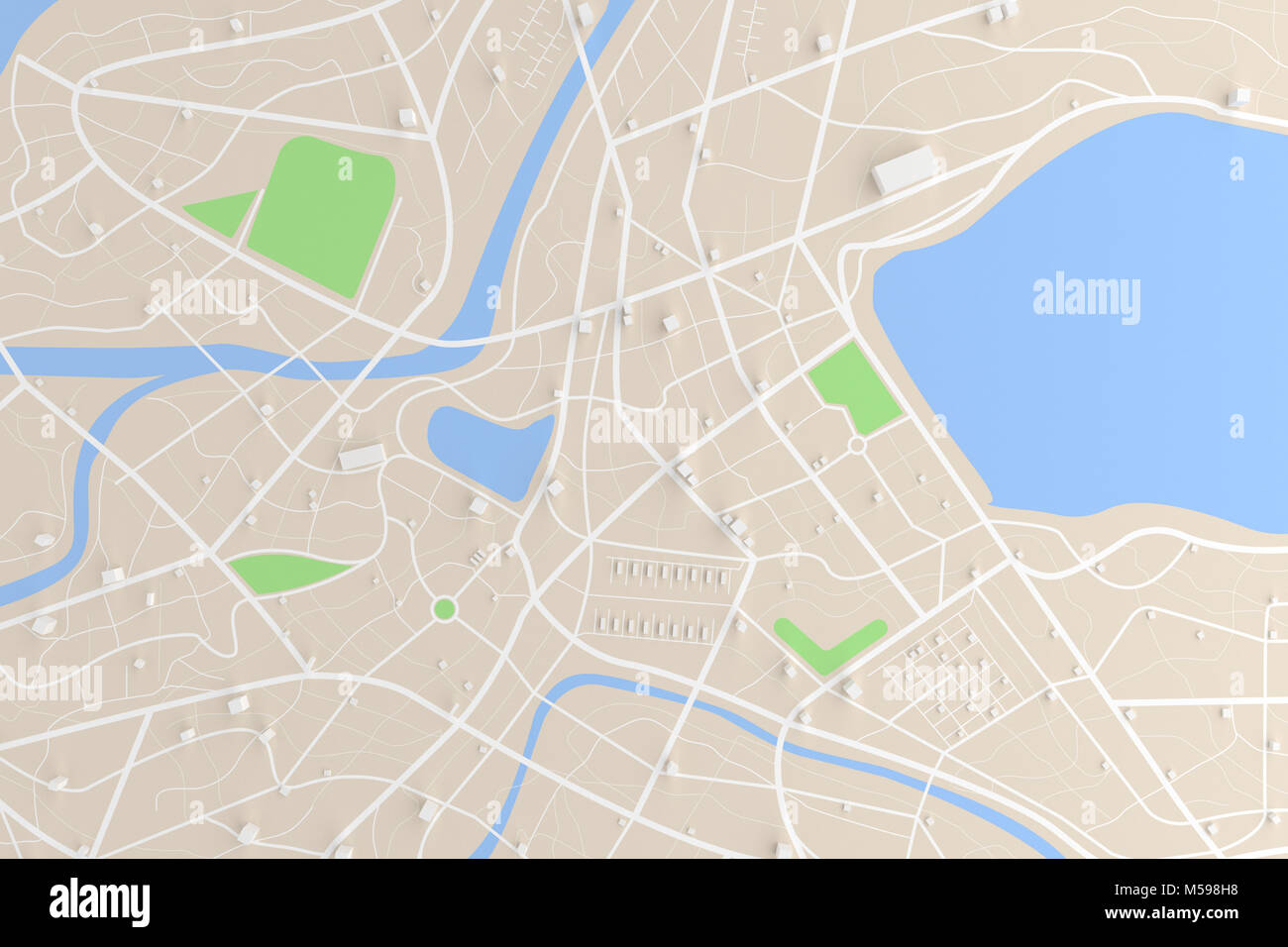 3D rendered top view of city map with road building river 3D ...