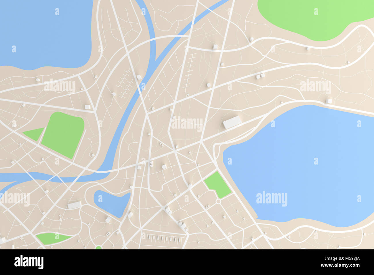 3D rendered top view of city map with road building river 3D ...